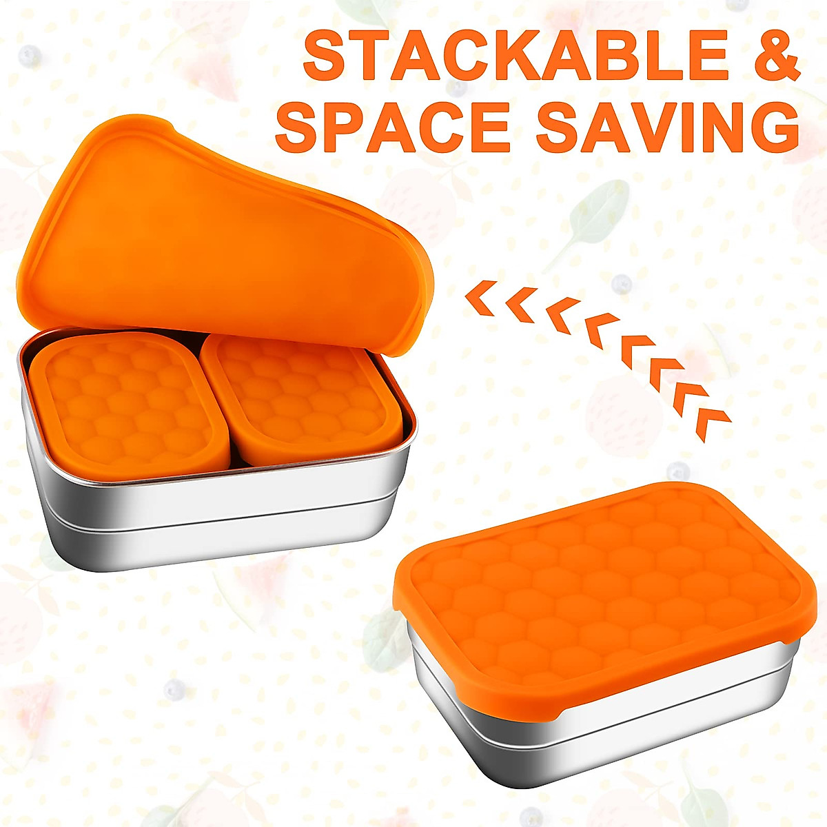 MOVNO Stainless Steel Food Containers with Lids Set of 3 (28 oz, 8 oz, 8 oz) - Metal Snack Container for Kids Adults - Premium Leakproof Bento Box Storage - Lunch Box Set with Silicone Lids