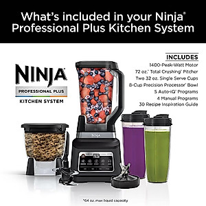 Ninja BN805A Pro Plus Kitchen System, 1400W, 5-in-1: Smoothies, Chop, Dough, Auto IQ, 72oz Blender Pitcher, 64oz Processor Bowl, 2x32oz Cups, Black