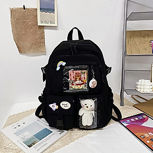 Kawaii Backpack, with Kawaii Pin and Cute Accessories Backpack Cute Aesthetic Backpack for School Capacity Rucksack(02-Black)