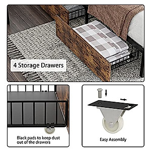 LIKIMIO Queen Bed Frame with Storage, Adjustable Headboard and 4 Drawers, Sturdy and Practical, No Noise, No Box Spring Needed, Easy Assembly, Vintage Brown