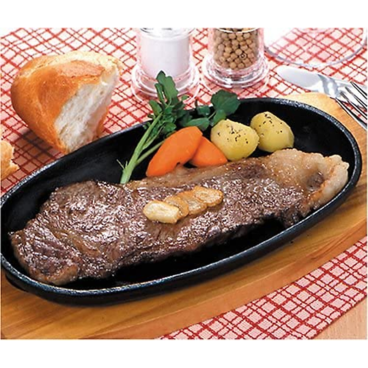 JapanBargain 1809, Set of 2 Sizzling Steak Plates with Wooden Base Cast Iron Fajita Skillet Server Plate for Home or Restaurant Use, Induction Cookware, 6 Set