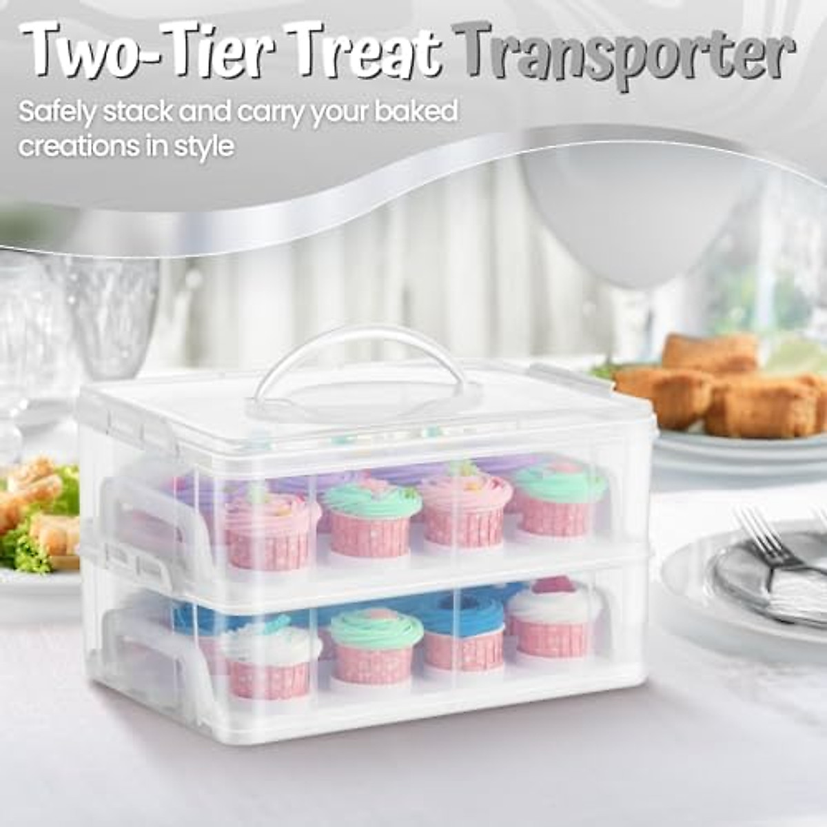 Flexzion Cupcake Carrier, Cupcake Holder for 24 Cupcakes, Portable and Reusable Rectangular Cake Carrier with Lid and Handle, 2 Tier Stackable Layer Insert (Clear)