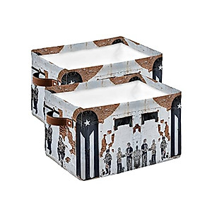 Foldable Storage Boxes Storage Bins with Leather Handle - 2 Pack Washable Storage Bags Vintage Retro Oil Paint Print Puerto Rican Wooden Door Storage Containers for Home Bedroom Closet Office
