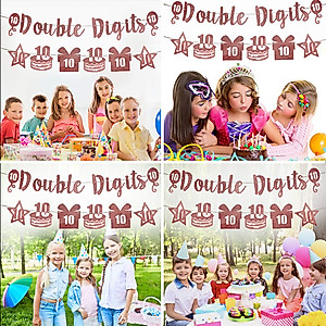 Excelloon Double Digits 10th Birthday Banner Decorations for Girl, Rose Gold Glitter 10 Year Old Happy Birthday Party Supplies, Perfect for Ten Years Birthday Party Decoration Sign