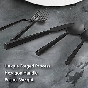 QUEARI 20-Piece Matte Black Silverware Set, Forged Stainless Steel Cutlery Set, Dishwasher Safe Flatware set, Matte Polished |Service for 4 Hexagon Handle