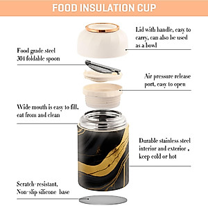 Marble Blue Black Gold Kids Womens Insulated Food Jar Container with Spoon 17oz/500ml Food Containers For Hot Stainless Steel Vacuum Leak Proof Food Containers for Keeps Food Hot