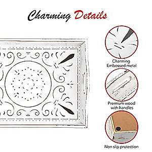 Cookaburrah Decorative Wooden Serving Tray with Handles, Rustic Tray Embossed with Metal, Rectangular Serving Tray for Ottoman, Perfect for Home, Restaurant, Farmhouse Decor (White)