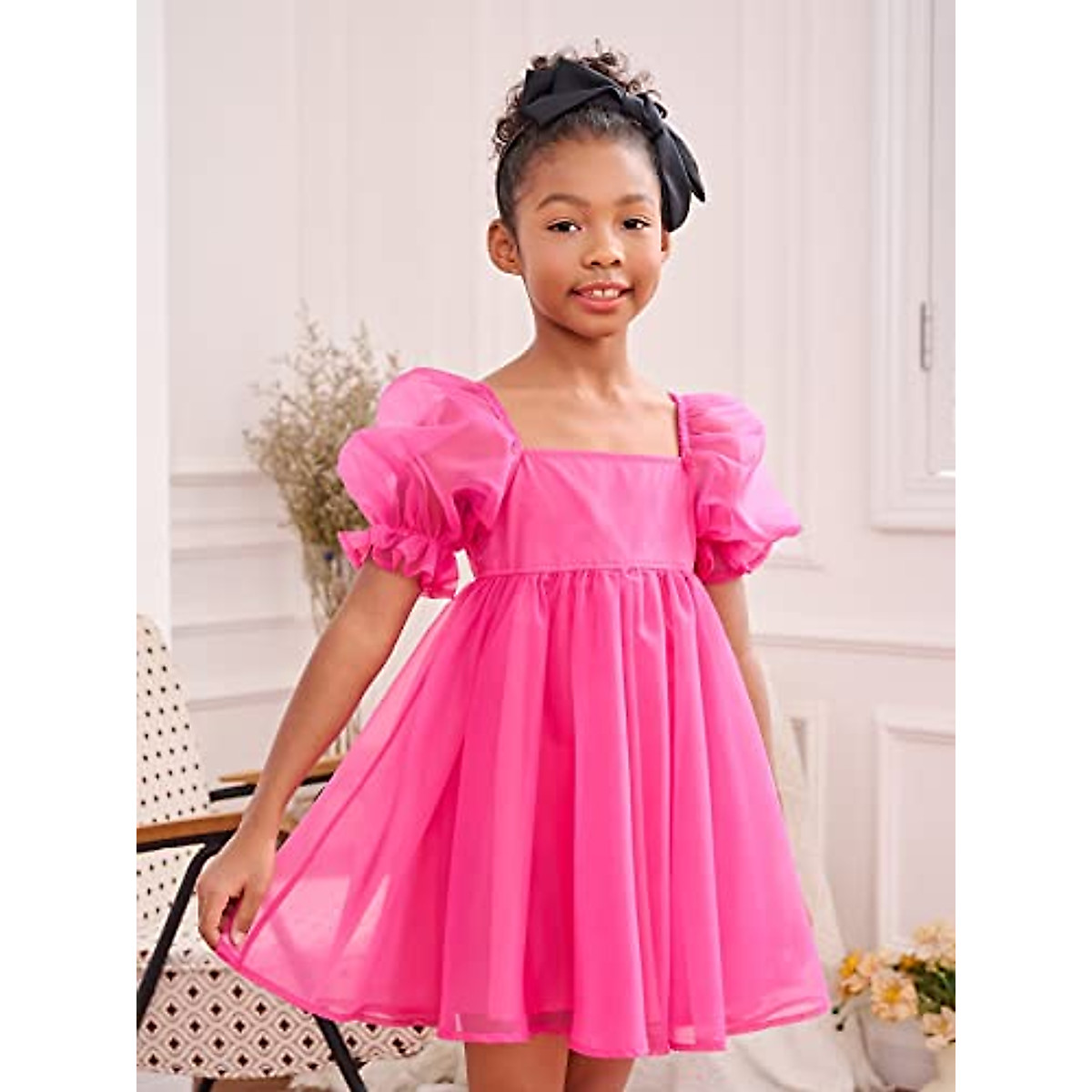 Verdusa Girl's Puff Short Sleeve Square Neck Mesh Short A Line Swing Dress Hot Pink 10Y
