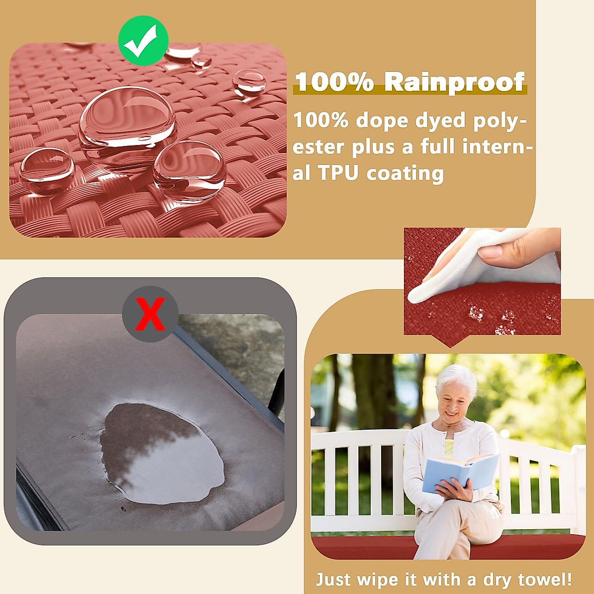 Favoyard Outdoor Bench Cushion 42 x 16 Inch Rainproof Patio Furniture Cushions 3-Year Color Fastness Garden Settee porch Pads with Ties, Red