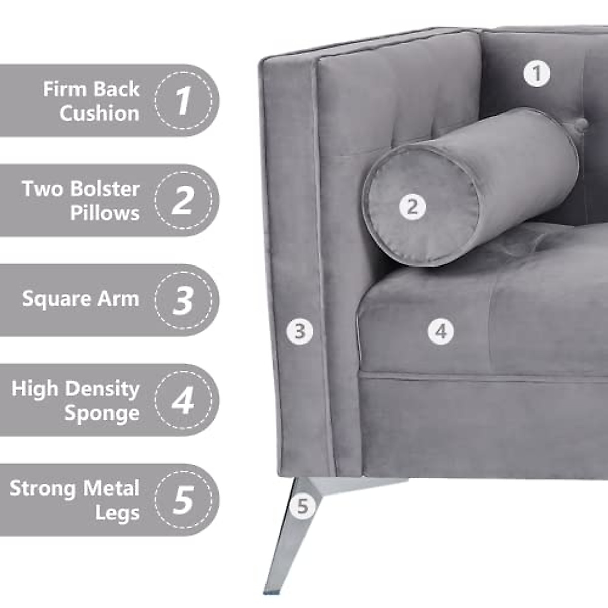 Mid-Century Velvet Chesterfield Sofa Couch, Modern Love Seats Sofa Furniture, Upholstered Button Tufted Couch with 2 Bolster Pillows for Living Room Apartment, Grey