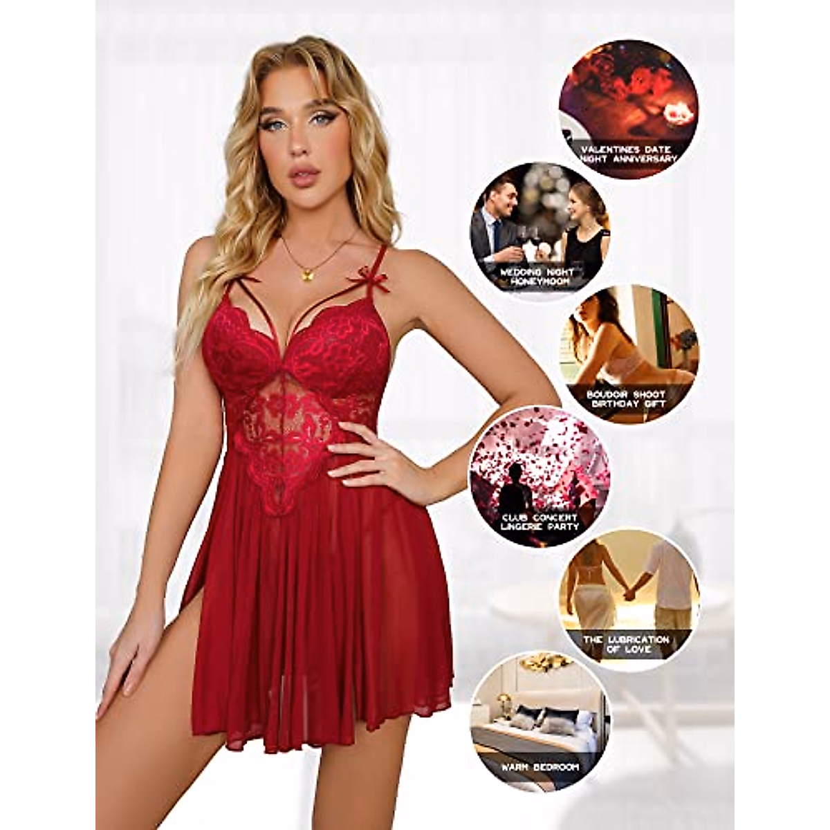 Queenfox Lingerie for Women Sexy Nightwear Lace Babydoll Mesh Sheer Chemise Nightgown Deep V-Neck Strap Side Split Nightdress Wine Red X-Large
