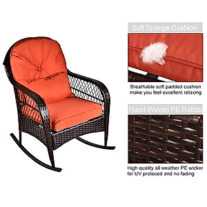 B BAIJIAWEI 2pcs Outdoor Wicker Rocking Chair All Weather Wicker Rocker Chair with Cushions for Garden Patio Yard Porch Lawn Balcony Backyard (2PCS-Brown Wicker-Orange)