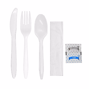 Daxwell Plastic Cutlery Kits, Medium Weight Polypropylene (PP), with Fork, Knife, Teaspoon, Salt, Pepper, Napkin, White, B10001837 (Case of 250), 1-(Pack)