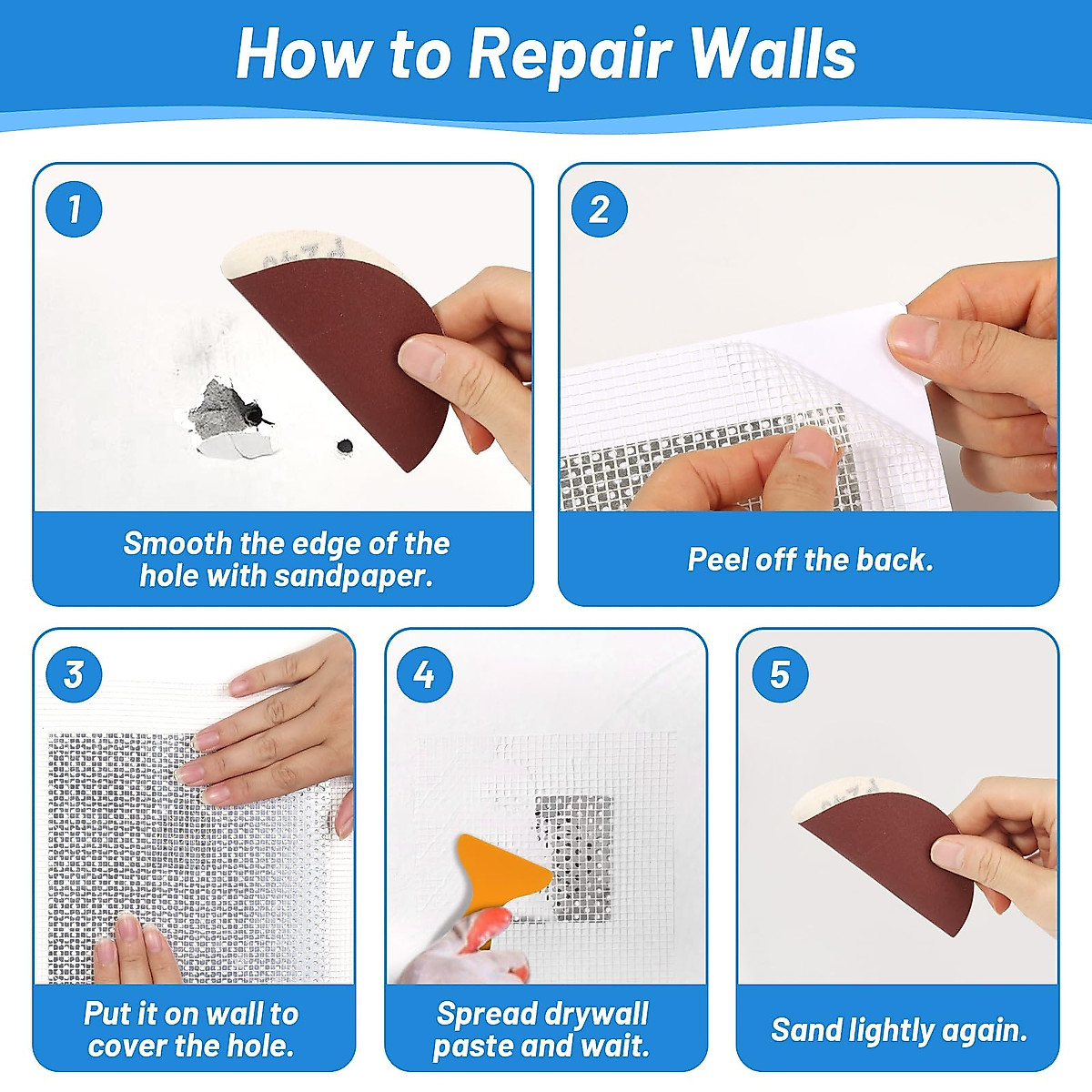 12 PCS 4/6/8 Inch Wall Repair Patch Kit, Aluminum Mesh Dry Wall Hole Repair Patch with Scraper Sandpapers Gloves Heavy Duty Wall Repair for Large Holes Quick Fixes