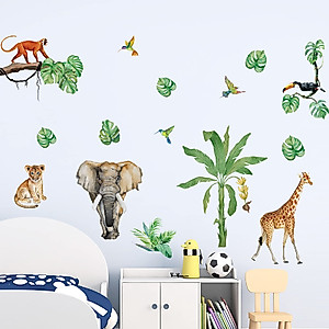 decalmile Jungle Elephant Animals Wall Sticker Safari Giraffe Tropical Plant Wall Decoration Living Room Baby Nursery Bedroom Children