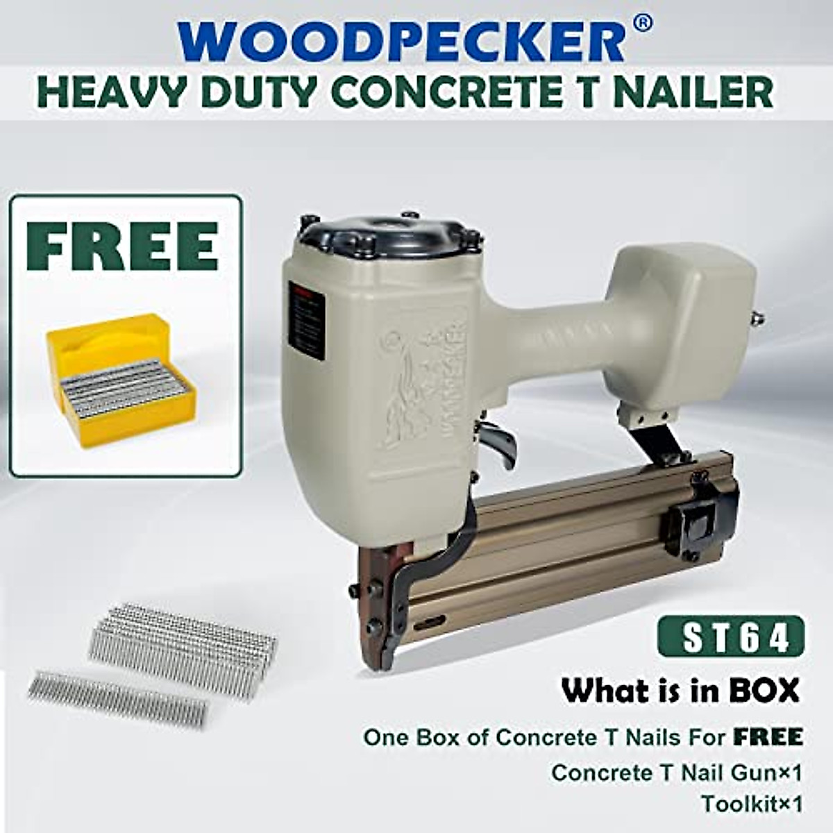 Woodpecker ST64 14 Gauge 3/4" to 2-1/2" Pneumatic Concrete T Nailer Gun with 400pcs Concrete T Nails, Air Power Heavy Duty Concrete Nail Gun Brad Nailer Finish Nailer for Woodworking