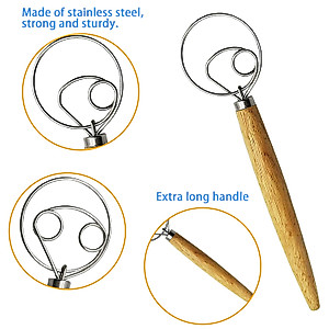 Listenman Danish Dough Whisk Bread Mixer&Egg Whisk Kits, 2 Pack Premium Stainless Steel Dutch Whisk & 1 Pack Hand Push Rotary Whisk Blender Pastry or Pizza Dough Whisk, with a Dough Scraper for Bread