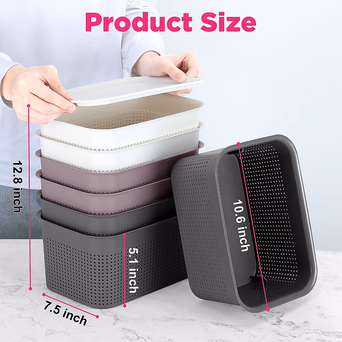 AREYZIN Plastic Storage Bins With Lid Organizing Container Lidded Knit Storage Basket Organizer Bins for Shelves Drawers Desktop Closet Playroom Classroom Office, Grey-Purple