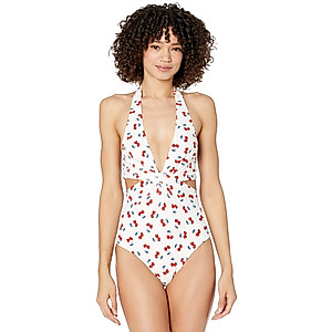 Kate Spade New York Cherry Toss Knotted Halter Cutout One-Piece with Removable Soft Cups, Ties White SM
