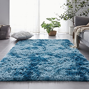 TABAYON 8 x 10 Feet Shag Area Rugs, Ultra Soft Indoor Modern Nursery Rug, Tie-Dyed Dark Blue Plush Shaggy Throw Carpets for Boy and Girls Room Dorm Living Room