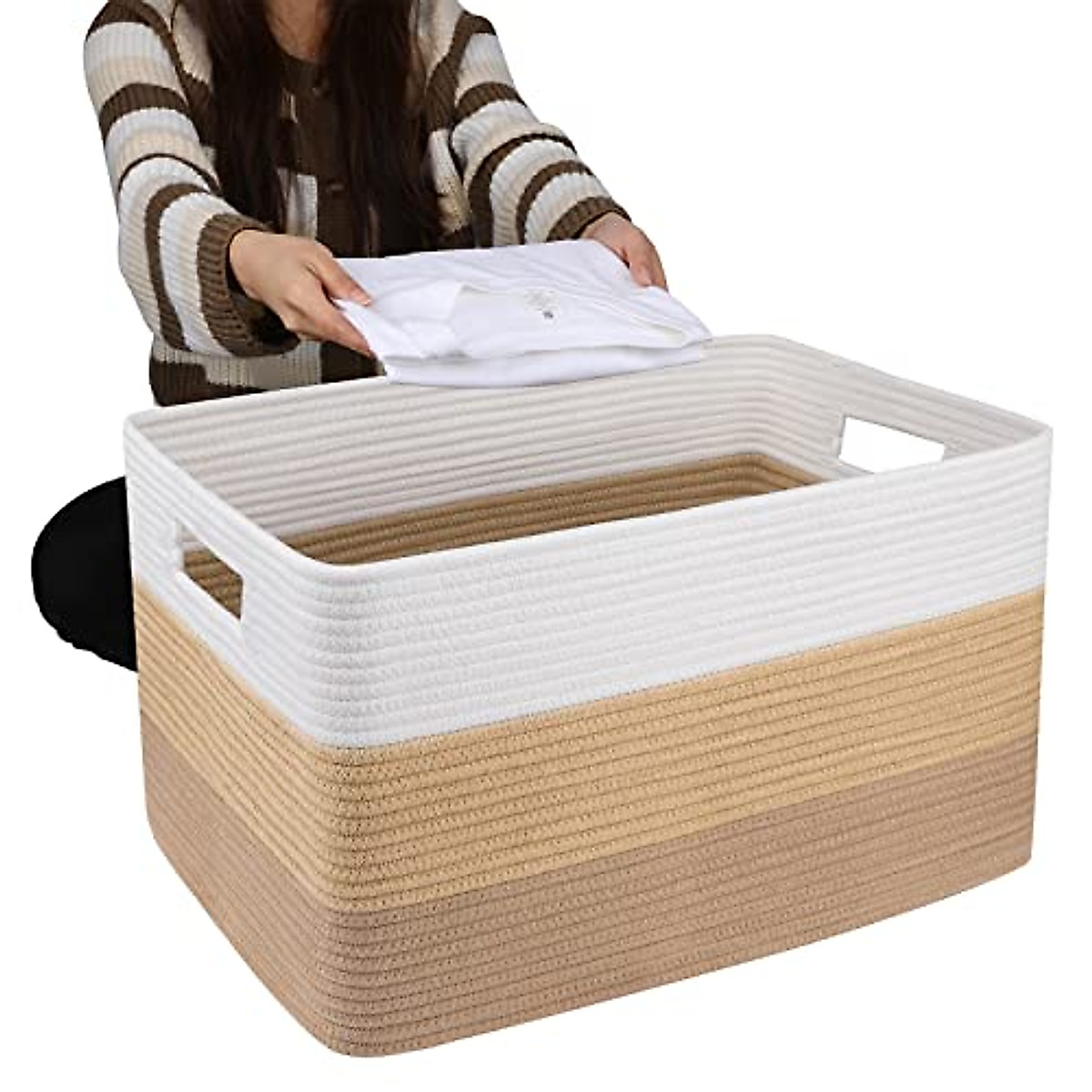 OIAHOMY Cotton Rope Basket 71L - Blanket Basket Living Room,Kids Woven Basket with Handle, Nursery Storage Basket ,Baby and doy Toy Baskets Bin, Gradient Yellow