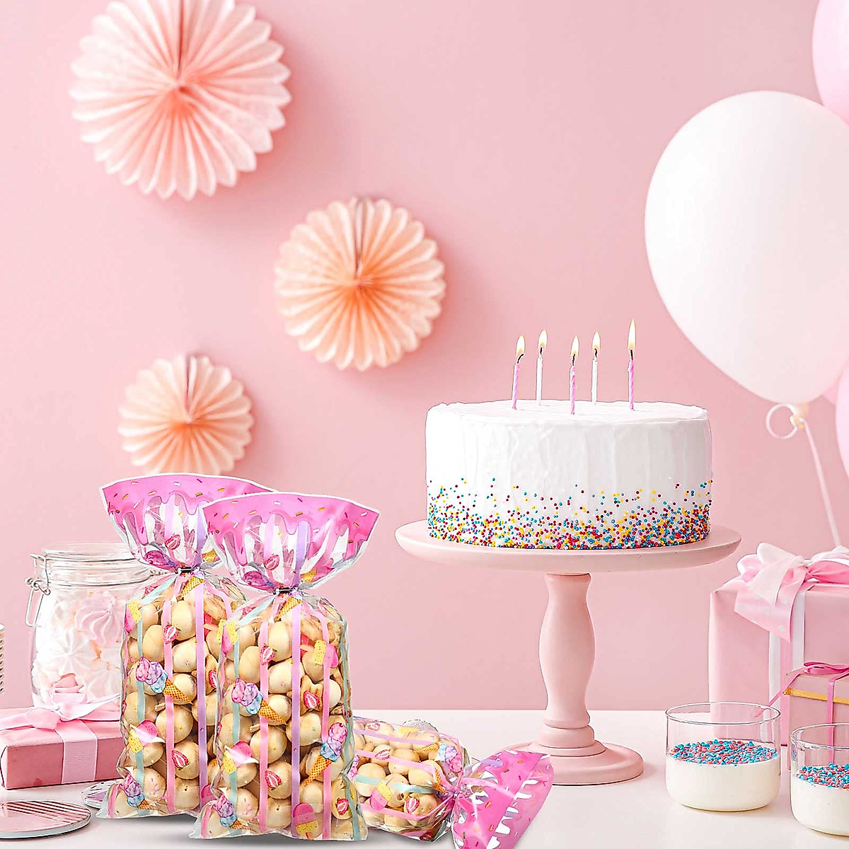 Geyee 100 Pieces Ice Cream Treat Bags, Watercolor Ice Cream Theme Cello Plastic Candy Goodie Bag with 100 Silver Twist Ties for Kid Summer Sweet Baby Shower Birthday Party Favor Bag, Clear