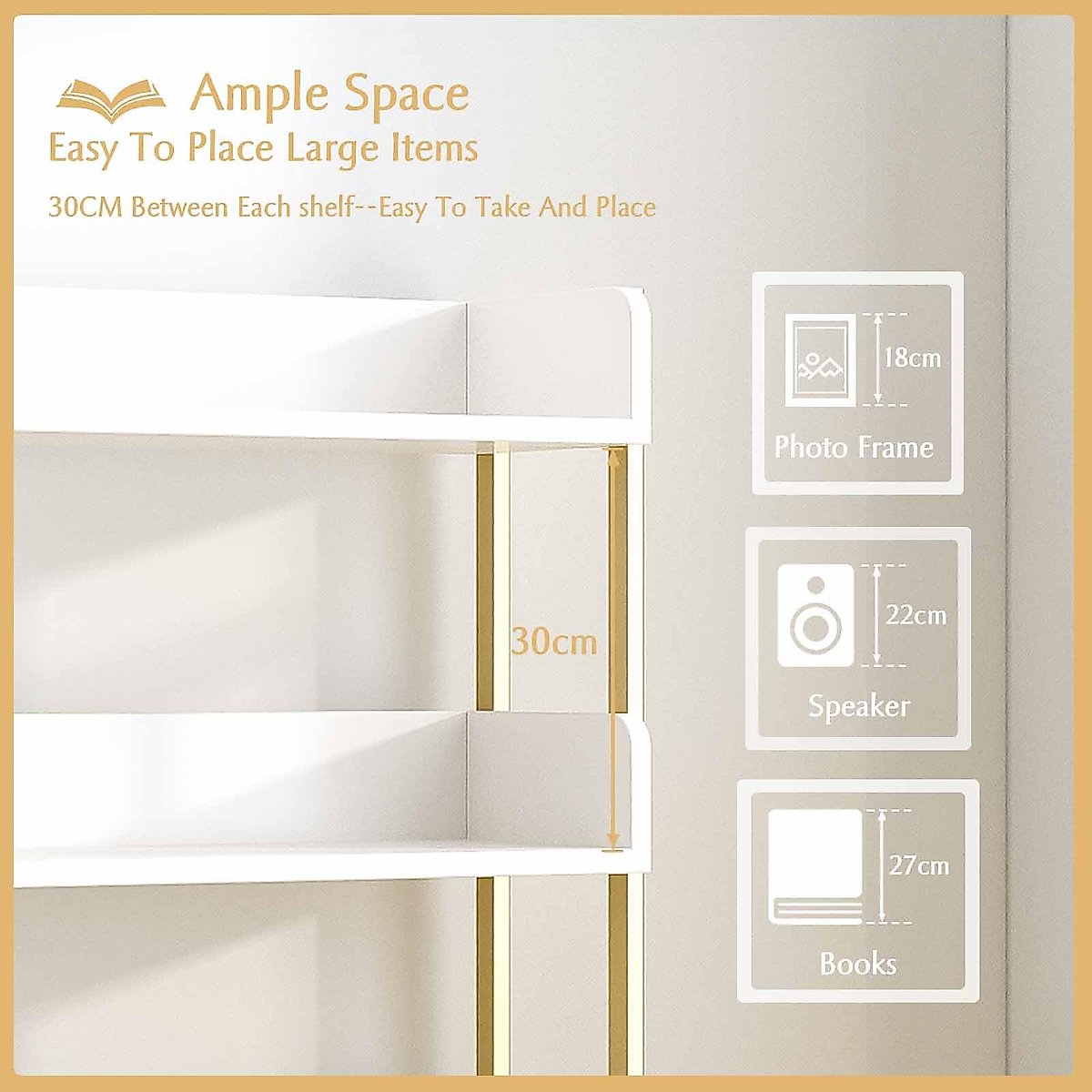 OSCHF Wide Open Shelf Bookcase - Modern 4-Tier Floor Standing Display Bookshelf with Three-Side Baffles for Home and Office, Storage Shelving in Warm White with Gold Frame
