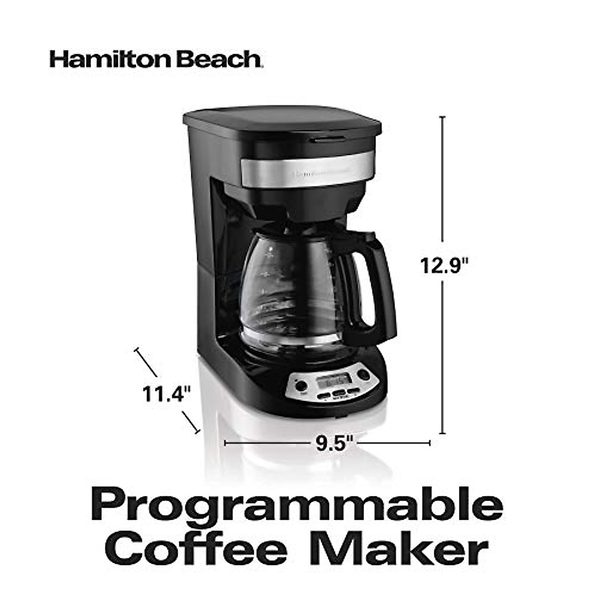 Hamilton Beach 12 Cup Programmable Drip Coffee Maker with 3 Brew Options, Glass Carafe, Auto Pause and Pour, Black with Stainless Accents (46299)