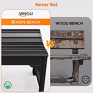 VINGLI Outdoor Bench Garden Bench HDPE Porch Bench, Poly Lumber Patio Bench, Oversized Park Bench All-Weather 800 lbs Weight Capacity (Black)