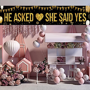 Engagement Party Decorations Black and Gold He Asked She Said Yes Decorations Sign Wedding Engagement Banner