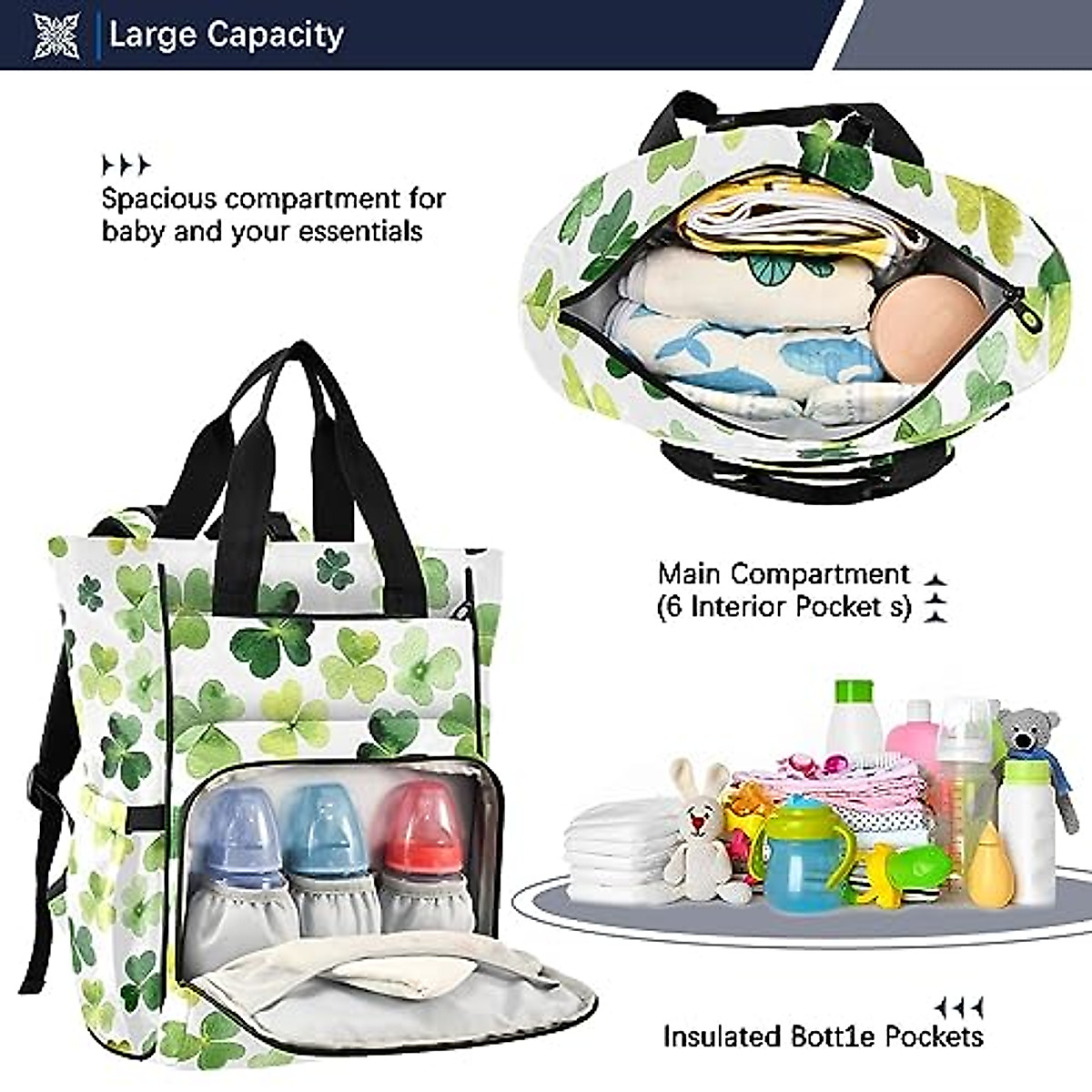 St. Patrick's Day Clover Diaper Bag Backpack for Baby Boys Girls Baby Essentials Travel Tote with Stroller Straps & Bottle Storage Maternity Travel Bag for Dads Moms Hiking Shopping Traveling