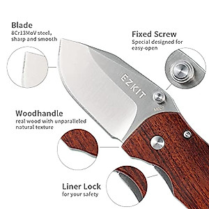 EZKIT Folding Pocket Knife, EDC Knife, 8Cr13MoV Steel, Easy One Hand Open, Wood Handle, Deep Pocket Clip, Blade Length 2.7inch