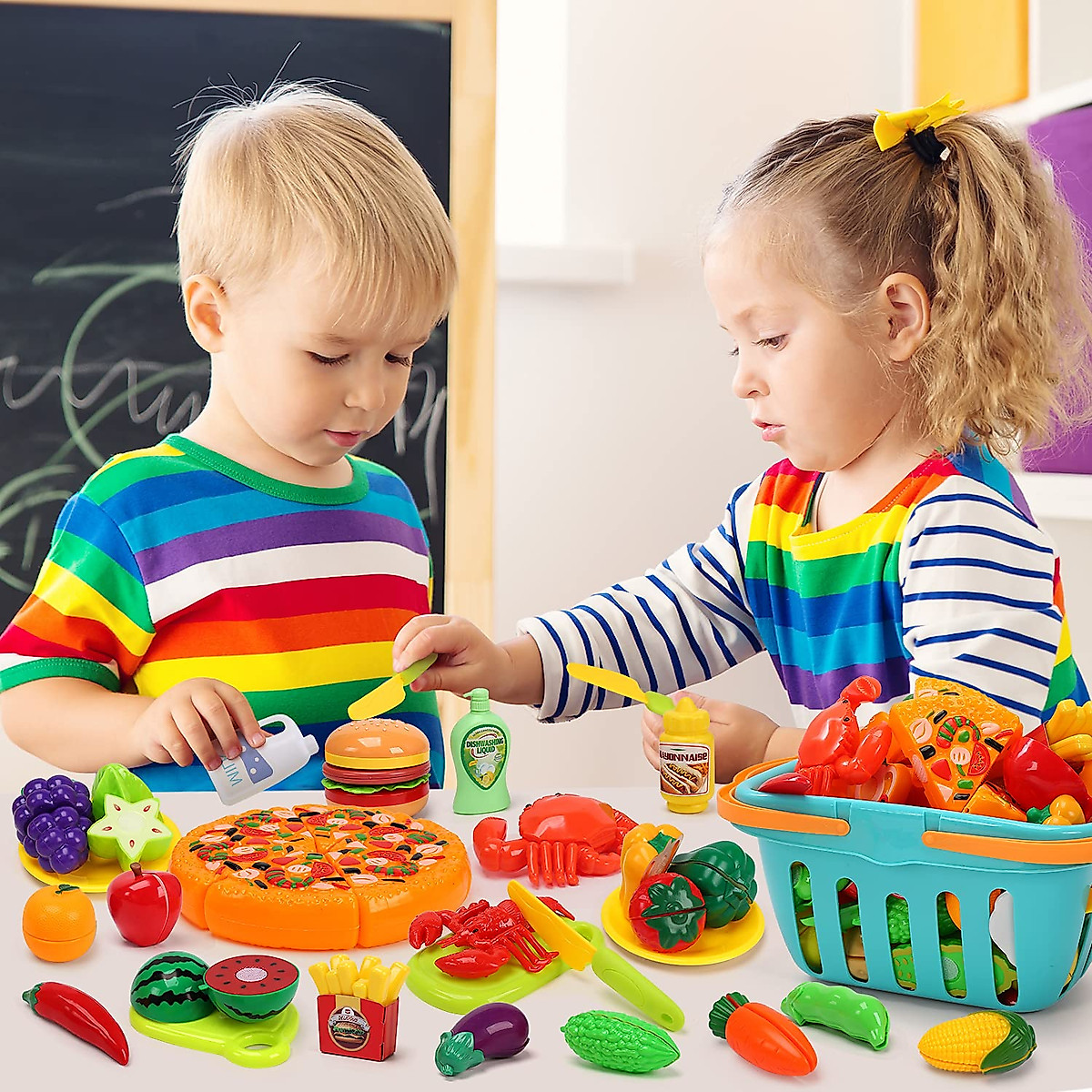 HOLYFUN 100 PCS Cutting Play Food Toy for Kids Kitchen, Pretend Fruit & Vegetables Accessories with Shopping Basket, Plastic Mini Dishes, Play Money, Perfect Educational Toy for Toddlers Boys & Girls