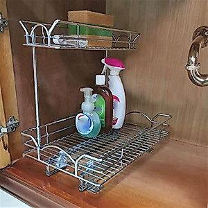 OCG 2 Tier Under Sink Pull Out Organizer (11" W x 21" D x 15.8" H), Under Sink Organizers and Storage for Kitchen Bathroom Cabinet, Chrome Finish