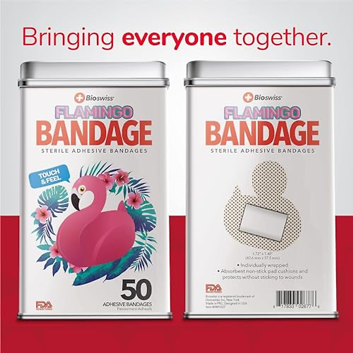BioSwiss Bandages, Flamingo Shaped Self Adhesive Bandage, Latex Free Sterile Wound Care, 50 Count