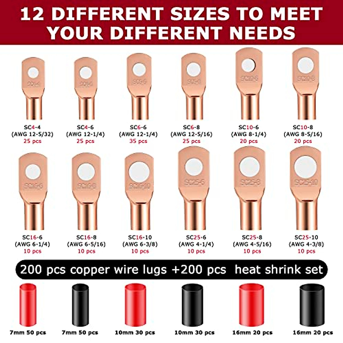 Sieral 400 Pcs Copper Wire Lugs with Heat Shrink Set, AWG2 4 6 8 10 12, 200 Battery Cable Ends Rings Terminal Connectors Tubing Assortment Kit,