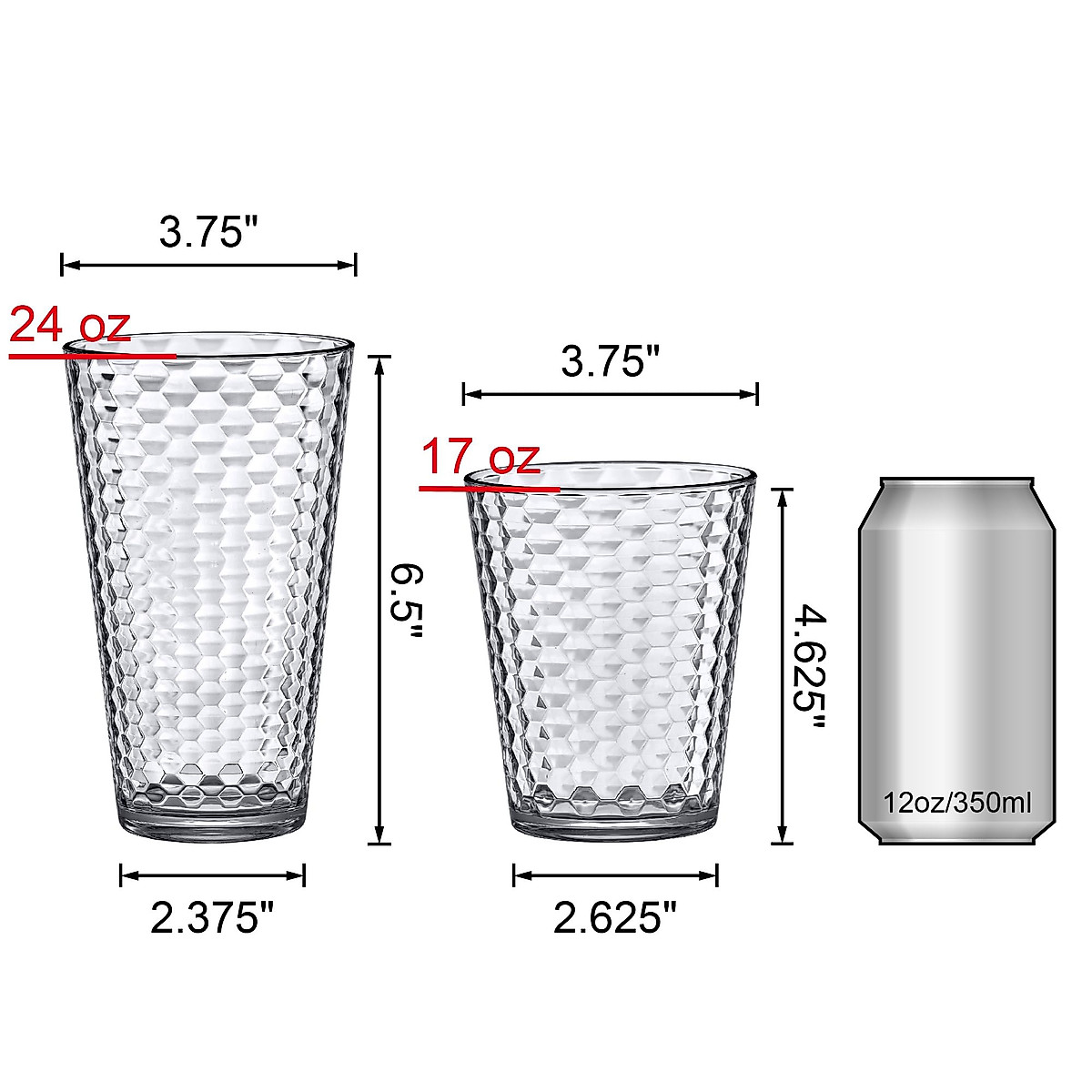 Amazing Abby - Snowflake - 16-Ounce and 24-Ounce Plastic Tumblers (Set of 12), Plastic Drinking Glasses, All-Clear Reusable Plastic Cups, Stackable, BPA-Free, Shatter-Proof, Dishwasher-Safe