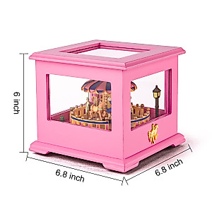 Wooden Carousel Horse Music Box Gift, Wind Up Musical Box Gift for Wife Daughter Women Sister Pink Merry Go Round Valentine Day Christmas Birthday Plays Castle in The Sky