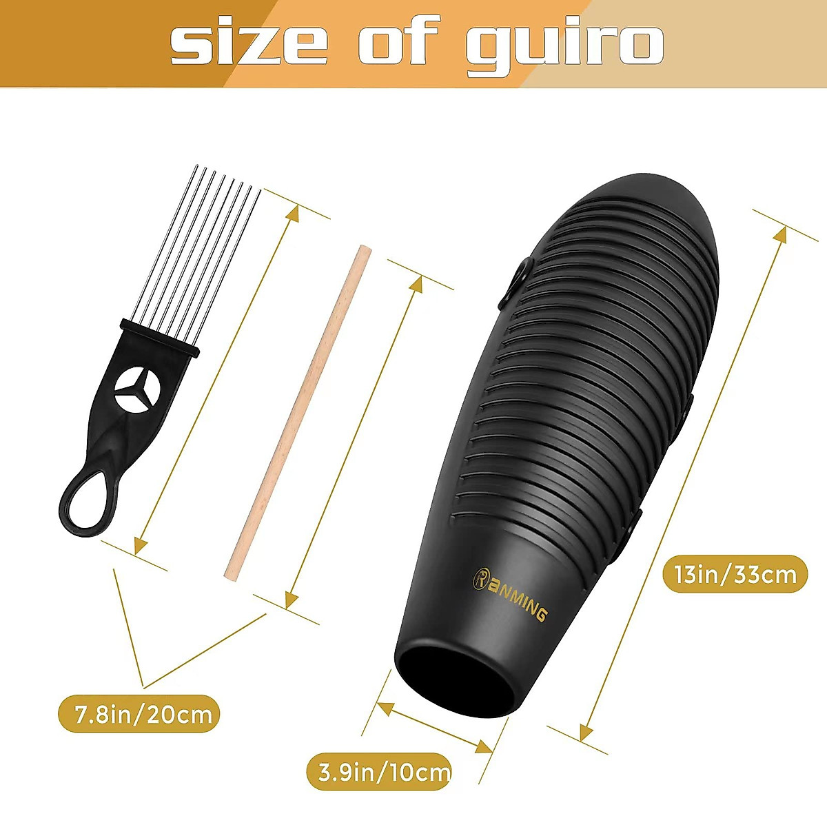 RANMING Guiro Instrument 3.9x13 Inch Super Guiro Fish Shaped Latin Percussion Instrument with 2 x Guiro Scraper Musical Training Tool for Beginners and Music Lover Black