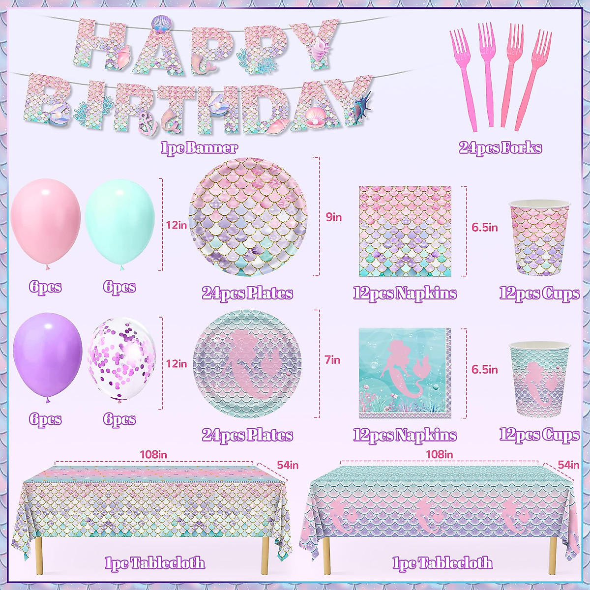 Mermaid Birthday Decorations, 147Pcs Mermaid Party Supplies-Serves 24 with Mermaid Plates and Napkins Tablecloth and Birthday Banner Balloons for Mermaid Theme Party Decorations