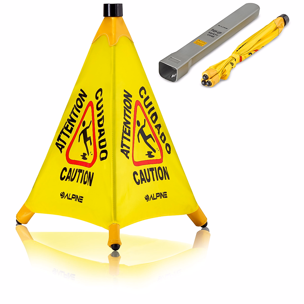 Alpine Caution Wet Floor Sign - Pop Up Slippery When Wet Sign, Wall Mounted Foldable Bilingual Yellow Safety Warning Caution Cone For Commercial & Office Use (30 Inches)