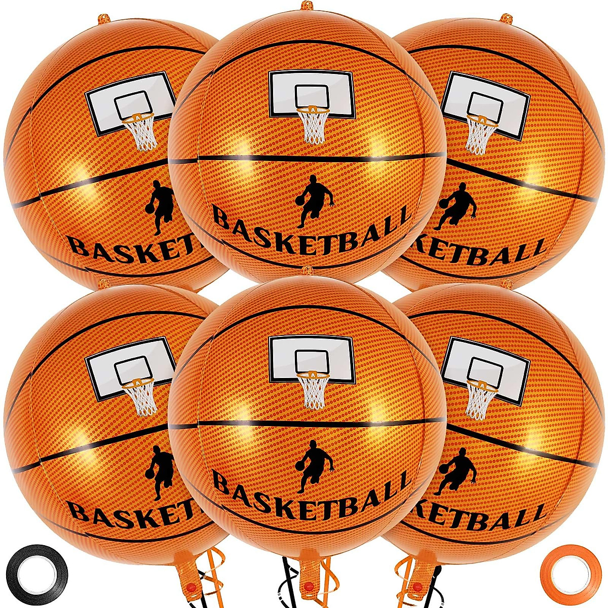 Basketball Balloons, 6 Pcs Metallic Foil Round Balloons, 22 Inch Large Mylar Basketball Balloons for Birthday Basketball Sports Themed Party
