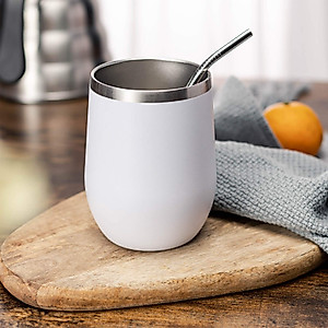 COMOOO 12oz Wine Tumbler with Lid and Straw, Stainless Steel Stemless Wine Glass, Double Wall Vacuum Insulated Wine Tumbler Cup for Gift, Cocktails,Beer,Champaign, White, 8 Pack