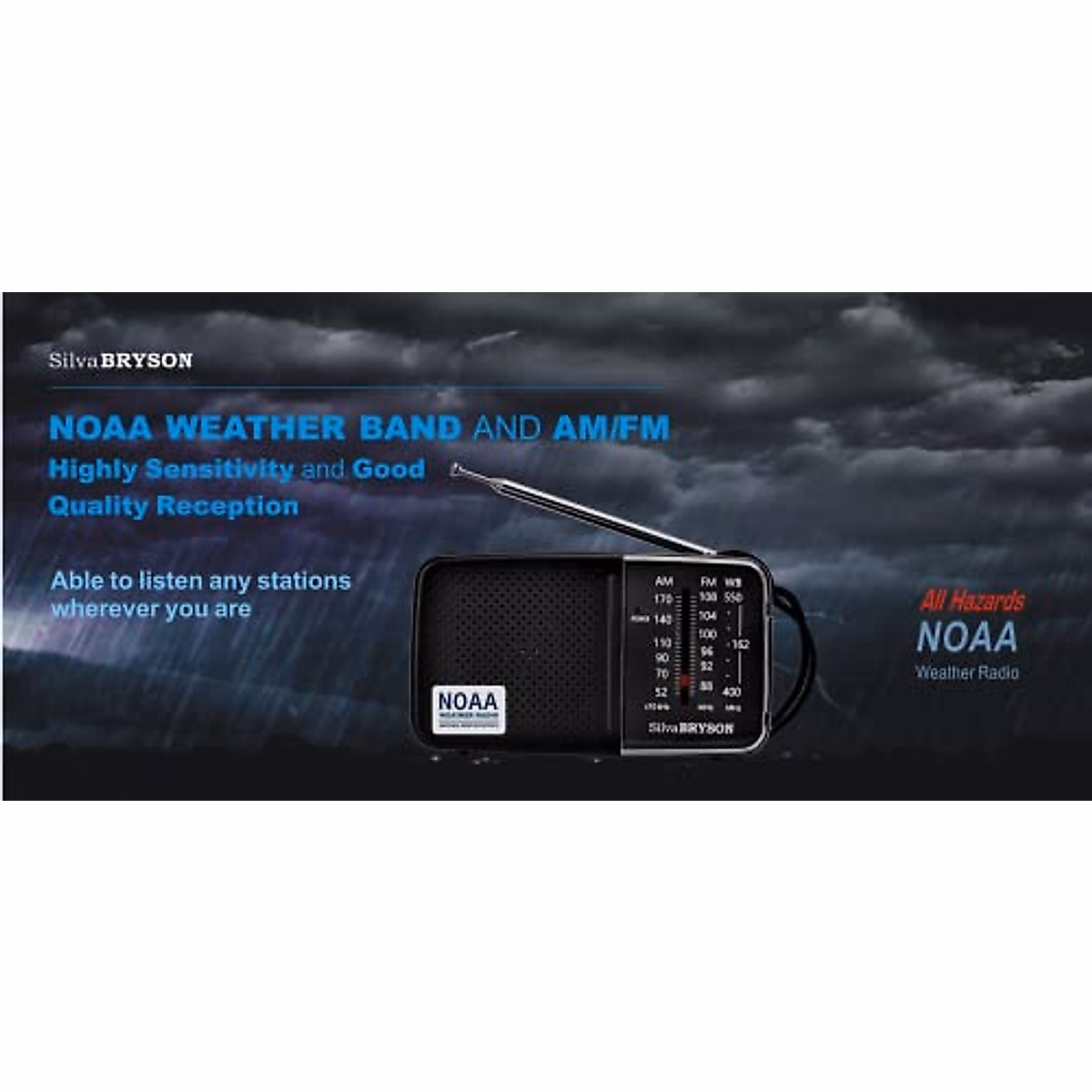 NOAA Weather Radio SilvaBRYSON, Emergency AM/FM Battery Operated Handheld Radio with Speaker and Best Reception for Hurricane, Home, Running. Convenient Headphone Jack, Operated by 2AA Battery.