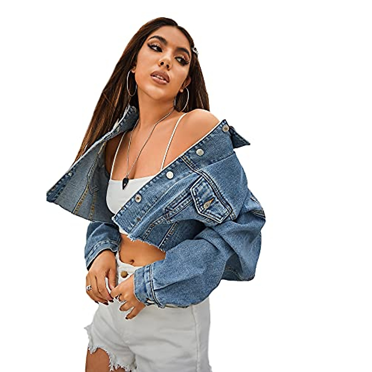 Floerns Women's Casual Drop Shoulder Ripped Crop Denim Jacket Deep Blue M