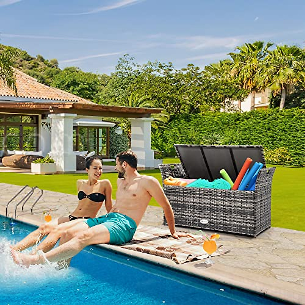 YITAHOME 90 Gallon Outdoor Wicker Storage Bench w/Cushion, Large PE Rattan Deck Storage Box w/Handles & Hydraulics for Patio Furniture, Cushions, Garden Tools, Pool & Sports Equipment, Gray