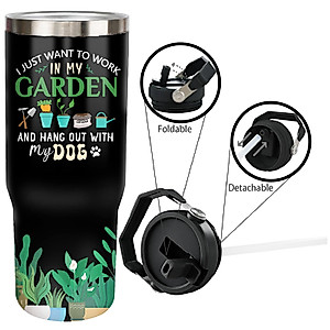 30oz Plant Tumbler with Handle and Straw, Black Plant Stainless Steel Vacuum Insulated Flip Straw Coffee Cups Spill Proof Travel Mug, Plant Gifts for Plant Lovers Gardeners, Gardening Gifts for Women