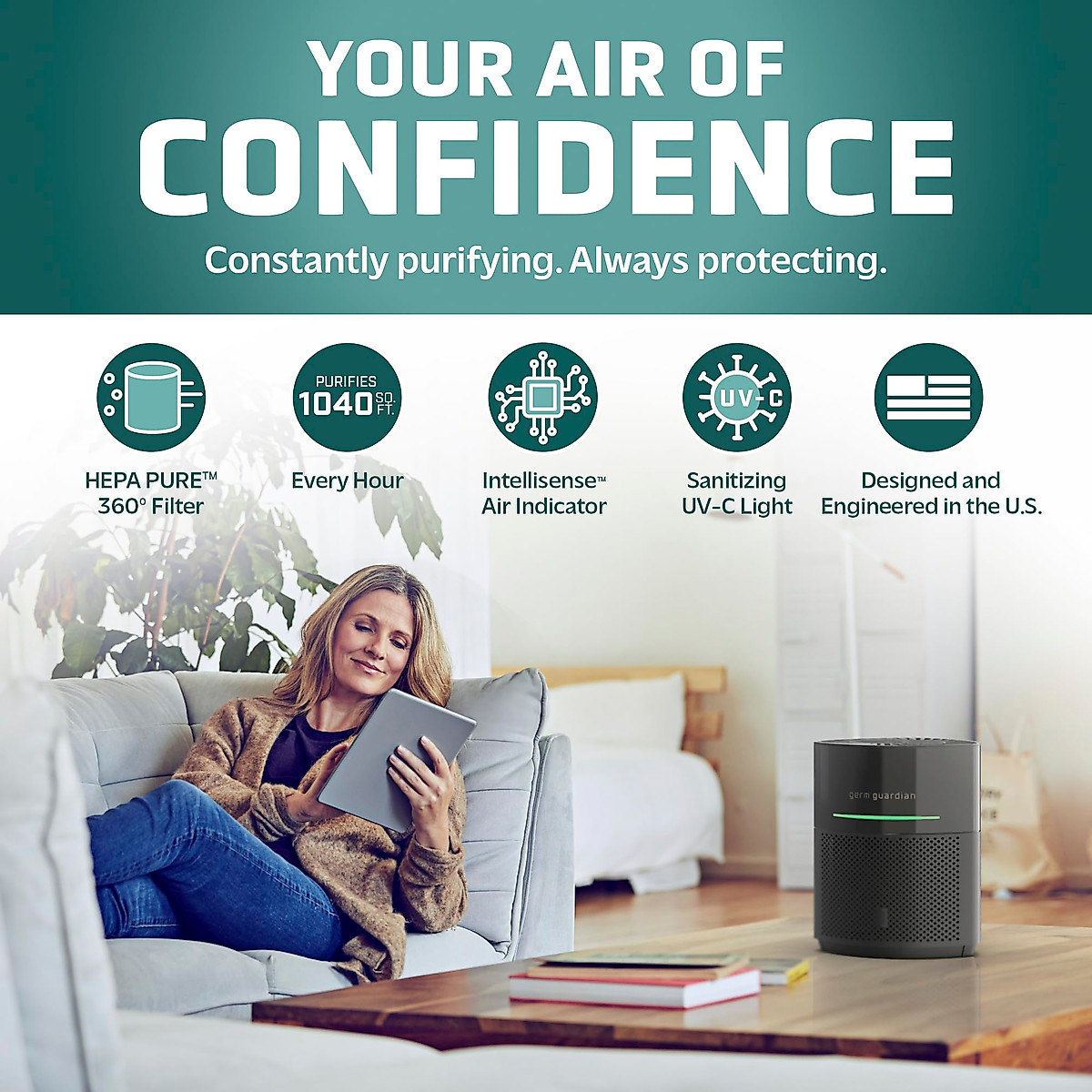GermGuardian AirSafe+ Intelligent Air Purifier with 360° HEPA 13 Filter, Captures 99.97% of Pollutants, Wildfire Smoke, Large Rooms, Air Quality Sensor, UVC Light, Zero Ozone Verified, Black, AC3000B