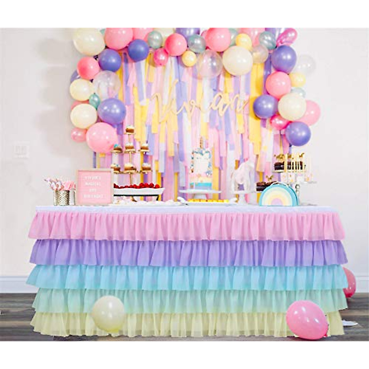 GewoneLife Rainbow Tulle Table Skirt 6FT Tutu Table Clothing for Baby Shower Birthday Party Decoration,Unicorn Table Skirt for Rectangle and Round Tables(L72in,H30in)