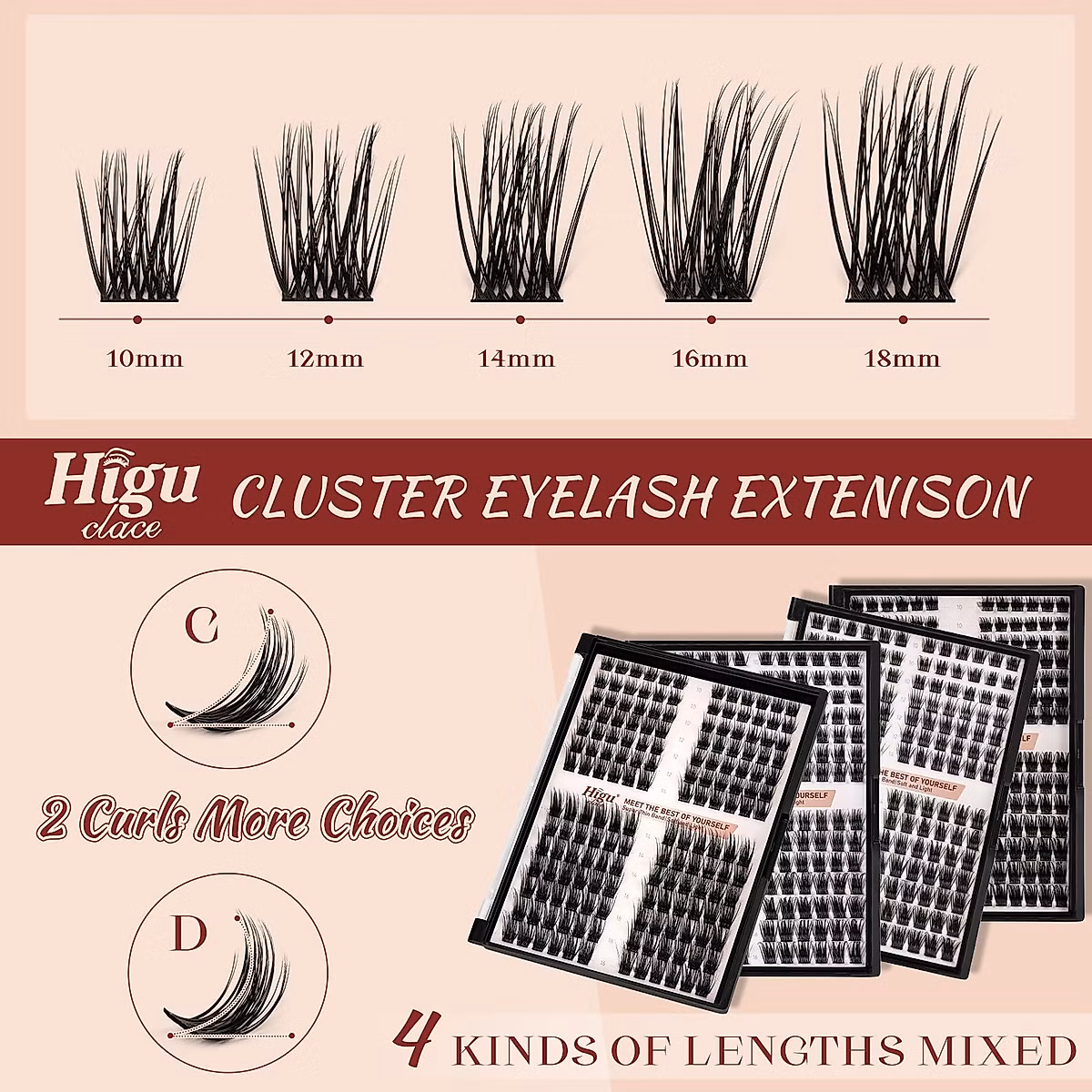 Higu clace Lash Clusters 168pcs, D curl Cluster Lahses 10-16mm Mixed, DIY Eyelash Extensions Super Thin Band & Soft, Wispy Eyelash Clusters Mega Volume Reusable Use at Home(BUSHY D 10-16mm)